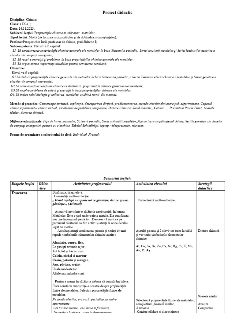 Proiect Diudactic Chimie cl.9 | PDF