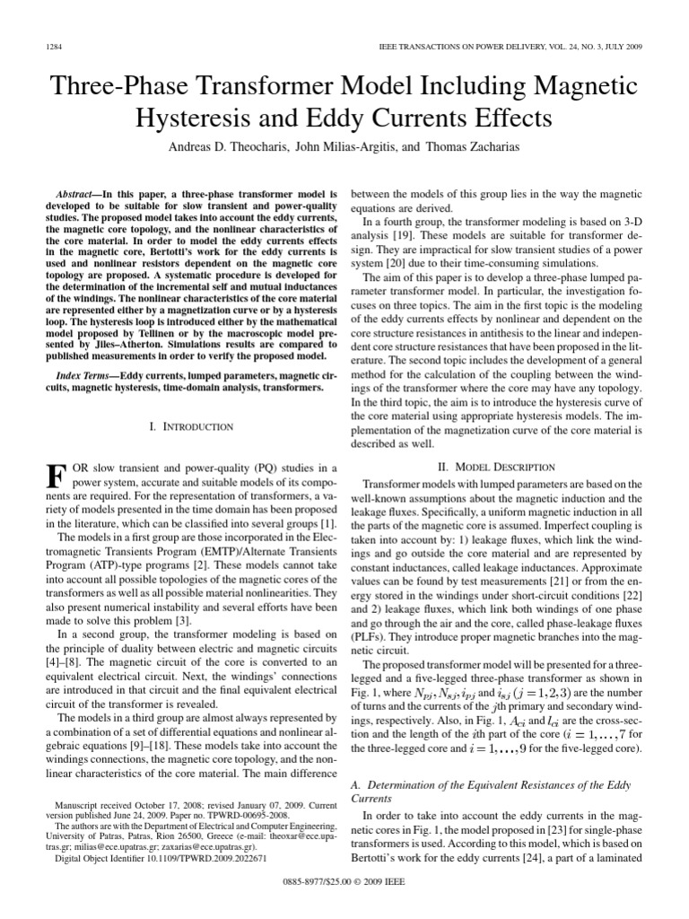 Andreas D. Theocharis 2009 Three-Phase Transformer Model Including Magnetic Hysteresis and Eddy ...