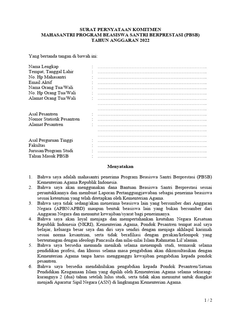 Surat Komitmen Mahasantri PBSB | PDF