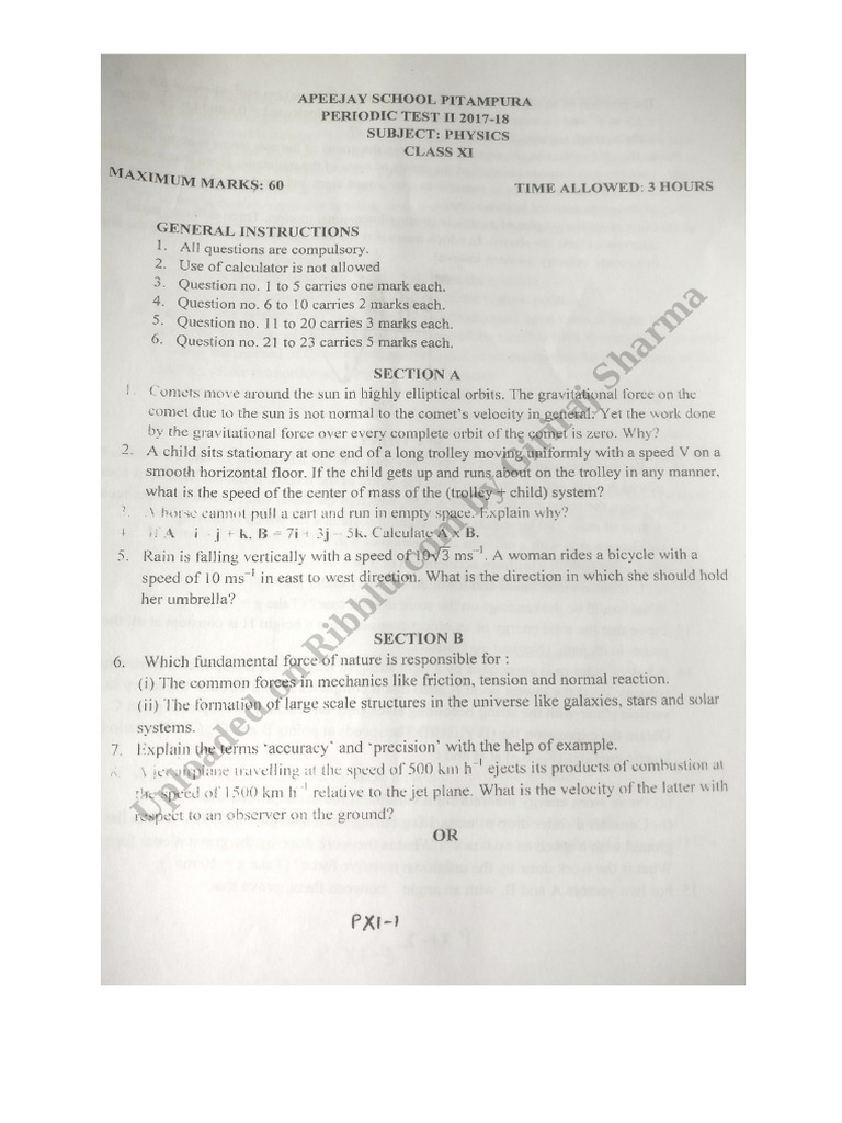 Cbse Class 11 Physics Question Paper Periodic Test 2 Apeejay | PDF