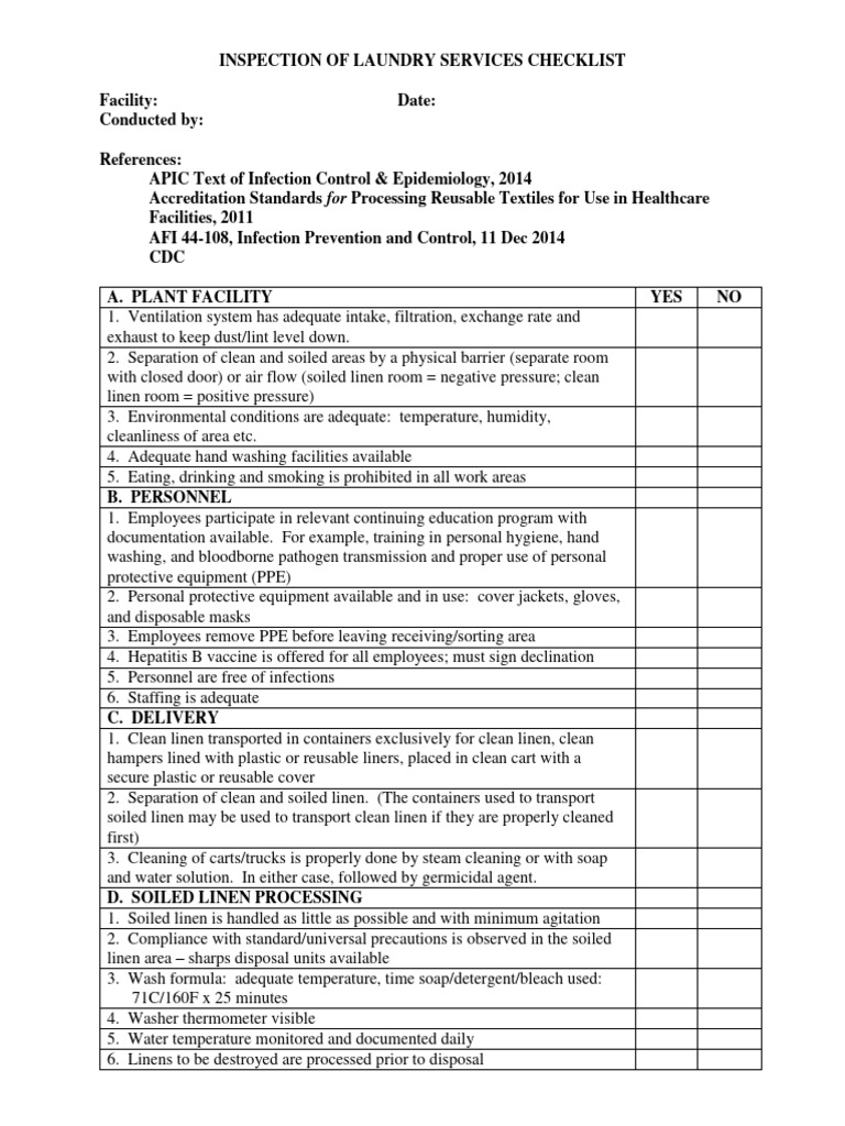 A-4 Inspection of Laundry Services Checklist | PDF | Health Care | Safety