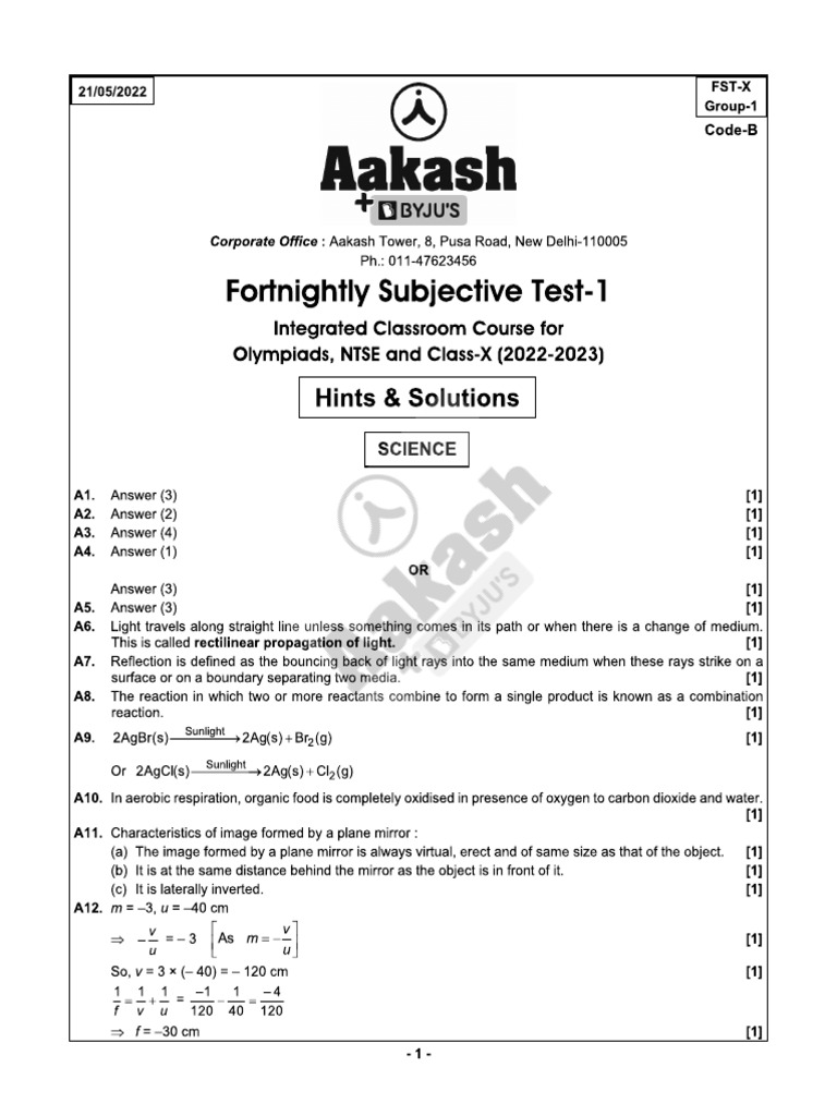 FST-1B (CBSE - G-1) Science (C-10) (21-05-2022) - SOL | PDF