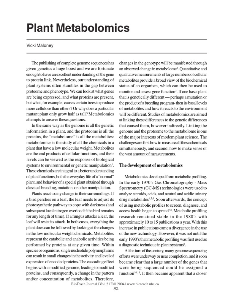 Plant Metabolomics Pdf Metabolomics Principal Component Analysis