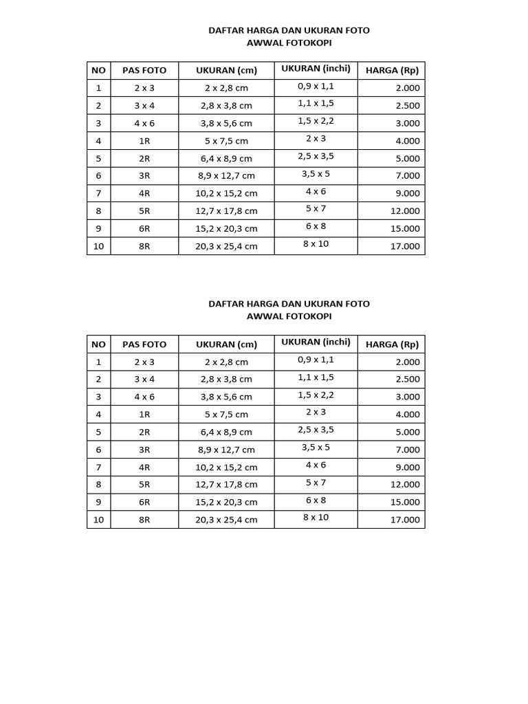 Daftar Harga Dan Ukuran Foto | PDF