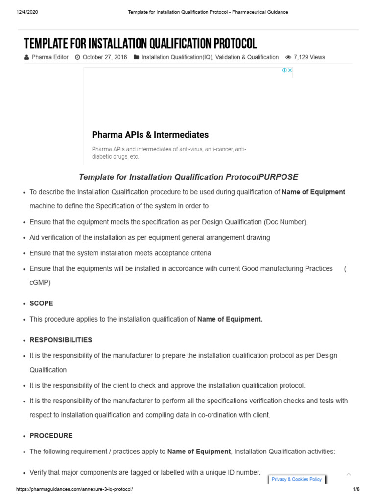 Template For Installation Qualification Protocol - Pharmaceutical ...