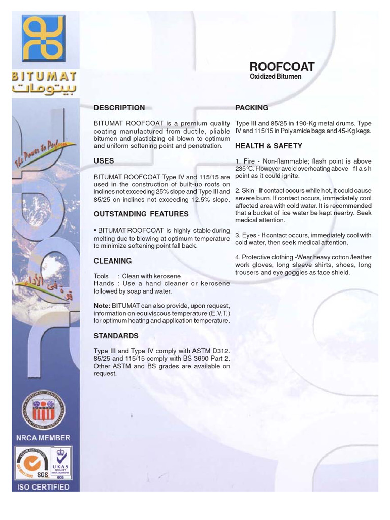 Bitumat Roofcoat Specifications 15/25 | PDF | Kerosene | Water