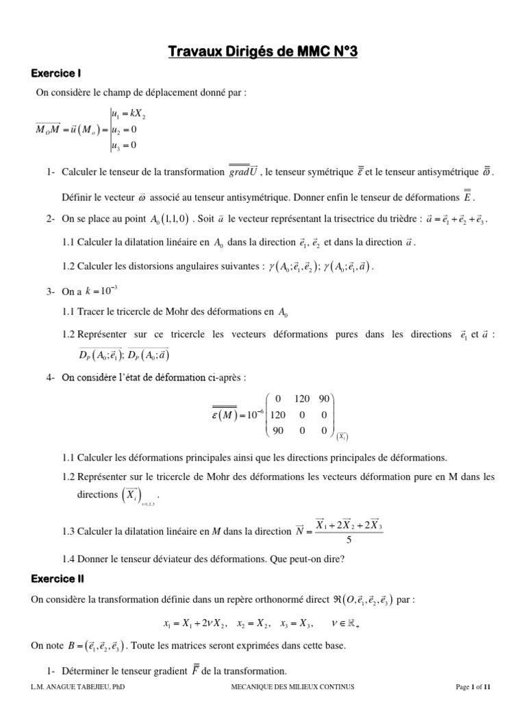 TD Chapitre III IV MMC | PDF | Tenseur | Fluide