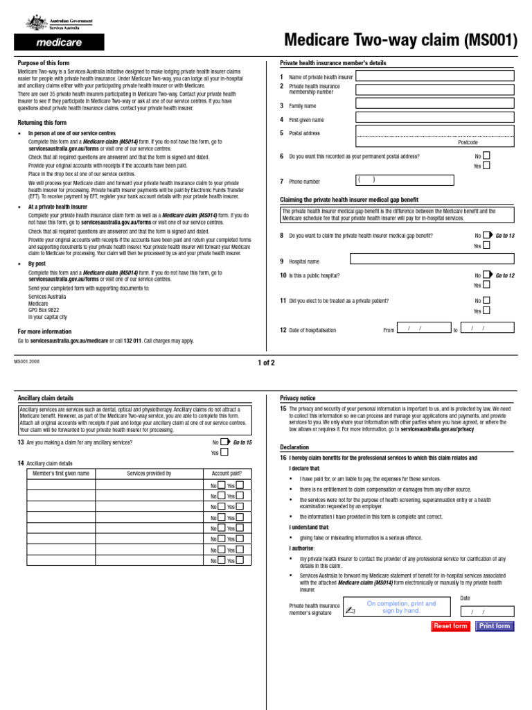 Medicare Two-Way Claim: Purpose of This Form Private Health Insurance ...
