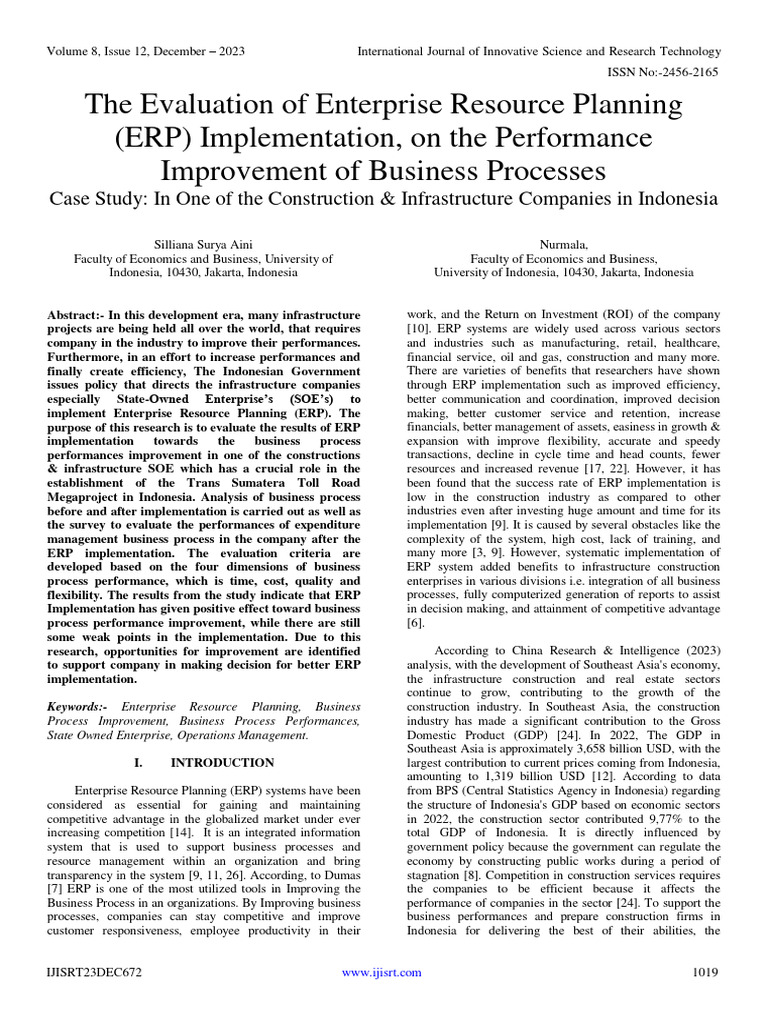 The Evaluation of Enterprise Resource Planning (ERP) Implementation, on the Performance ...