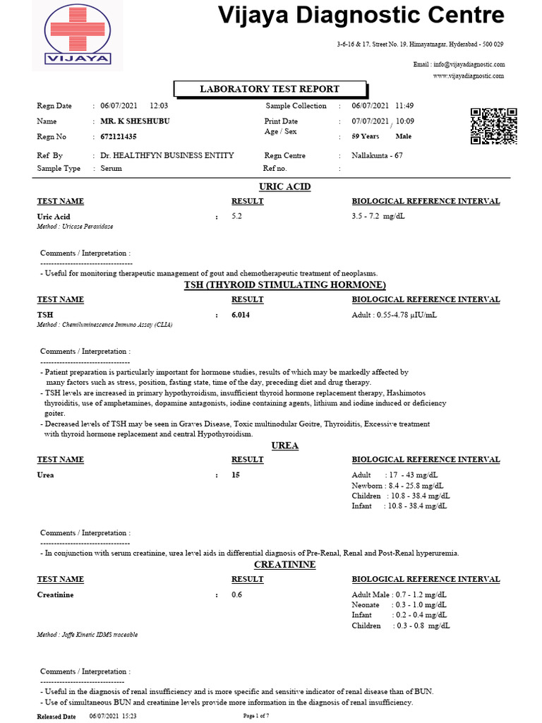 Blood Tests Report | PDF | Thyroid Stimulating Hormone | Hypothyroidism