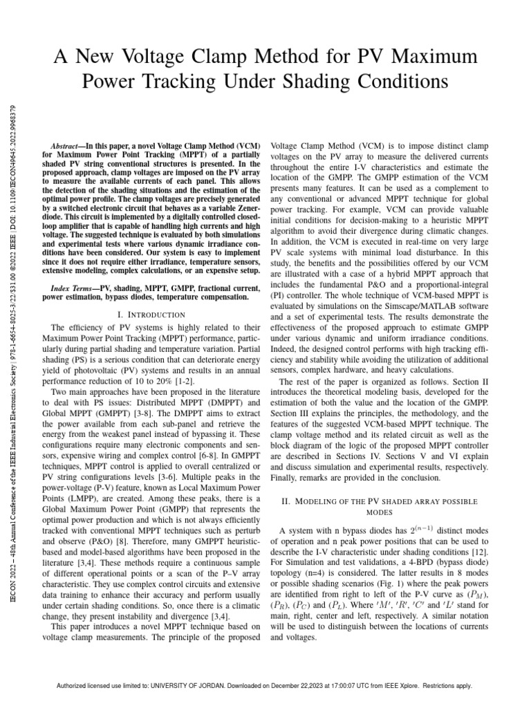 A New Voltage Clamp Method For PV Maximum Power Tracking Under Shading ...