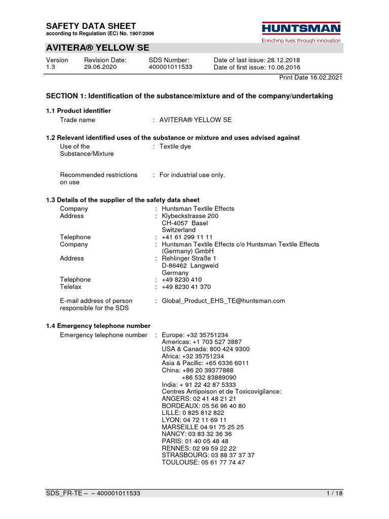 Avitera Yellow Se MSDS (SG) | PDF | Toxicity | Physical Sciences