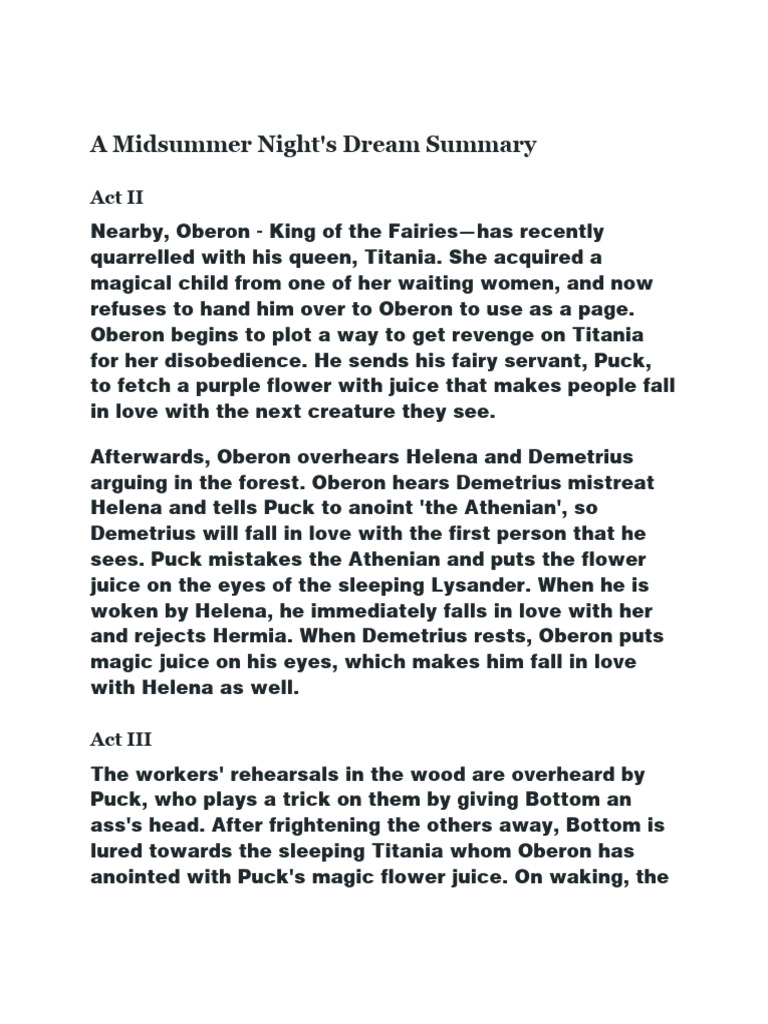 A Midsummer Night's Dream Act II-III Summary | PDF | Mystery, Thriller ...