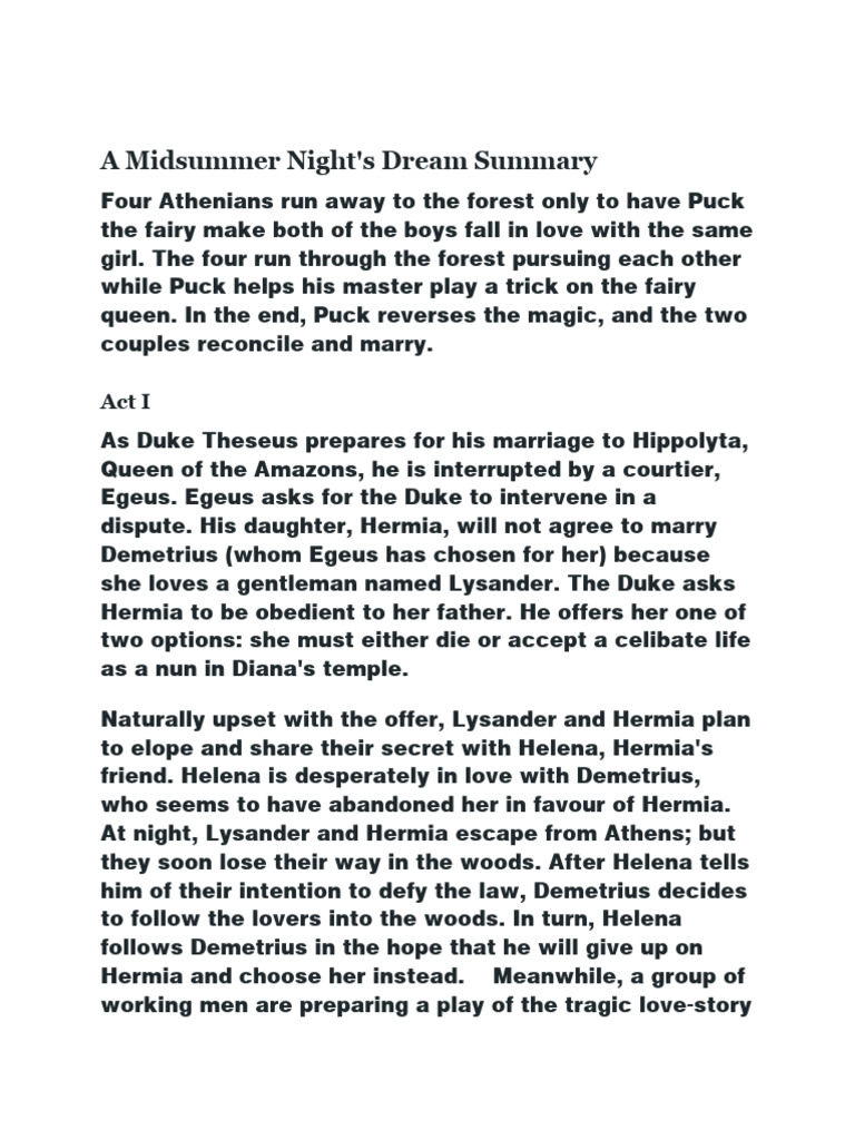 Act 1 Summary Mid Summer Night Dream | PDF | Classics