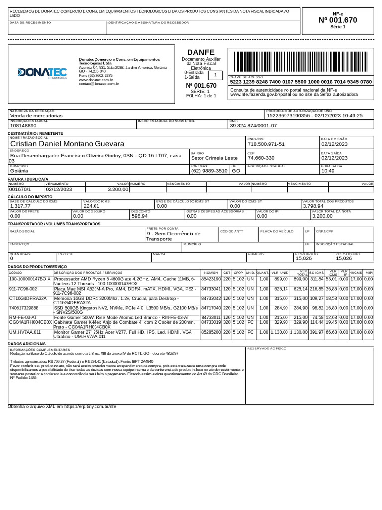 Danfe 1 001670 | PDF | Recibo | Arquitetura de computadores