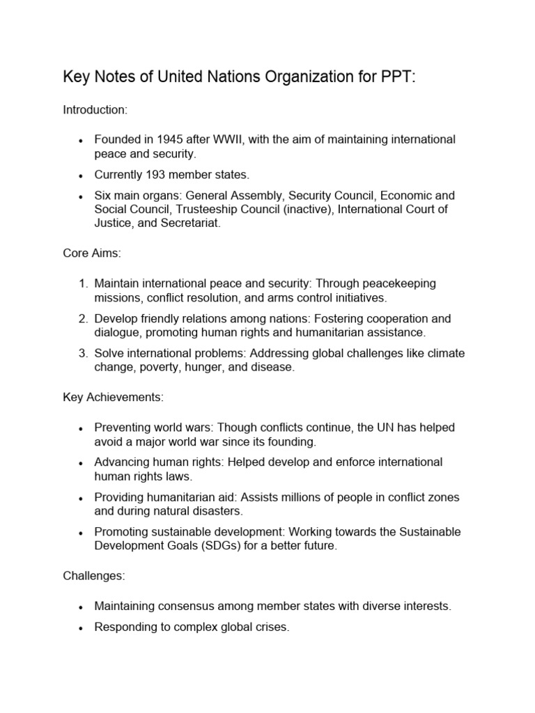 Key Notes of United Nations Organization for PPT | PDF
