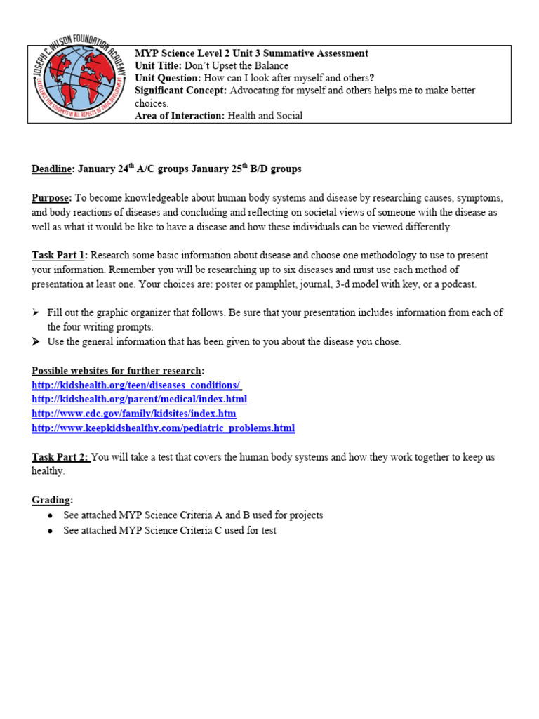 MYP Science Level 2 Unit 3 Summative Assessment Modified For Disease ...