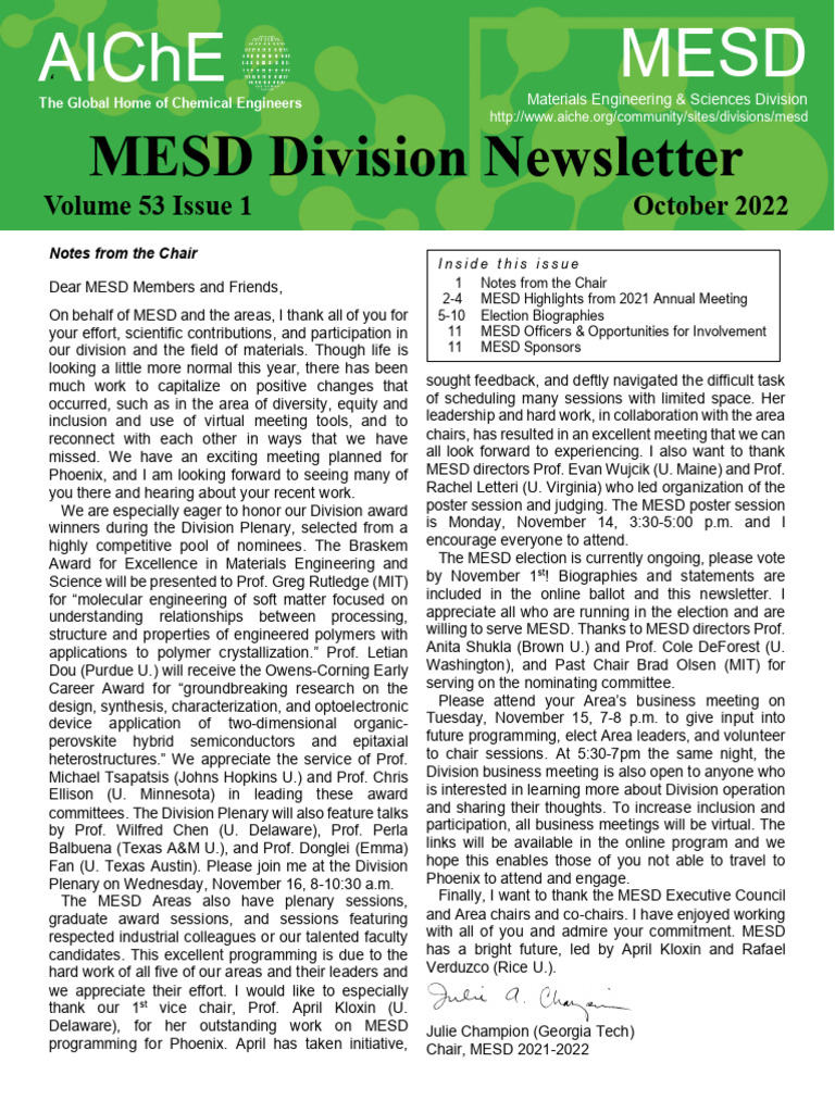MESD Newsletter: Awards & Events Update | PDF | Physical Sciences