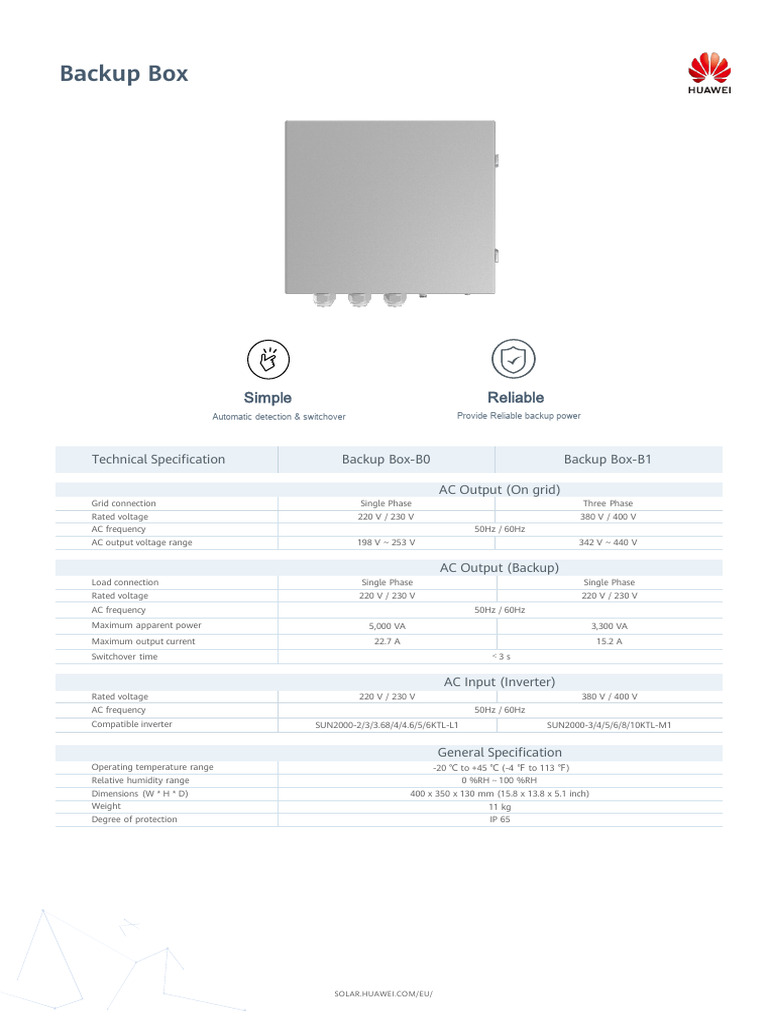 Fisa Tehnica Modul de Back-Up Monofazat Pentru Sisteme Fotovoltaice Huawei Backup Box-B0 | PDF ...