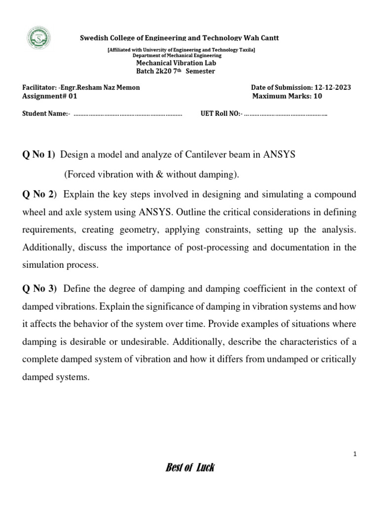 Mechanical Vibration Assignment Batch 2k20 | PDF