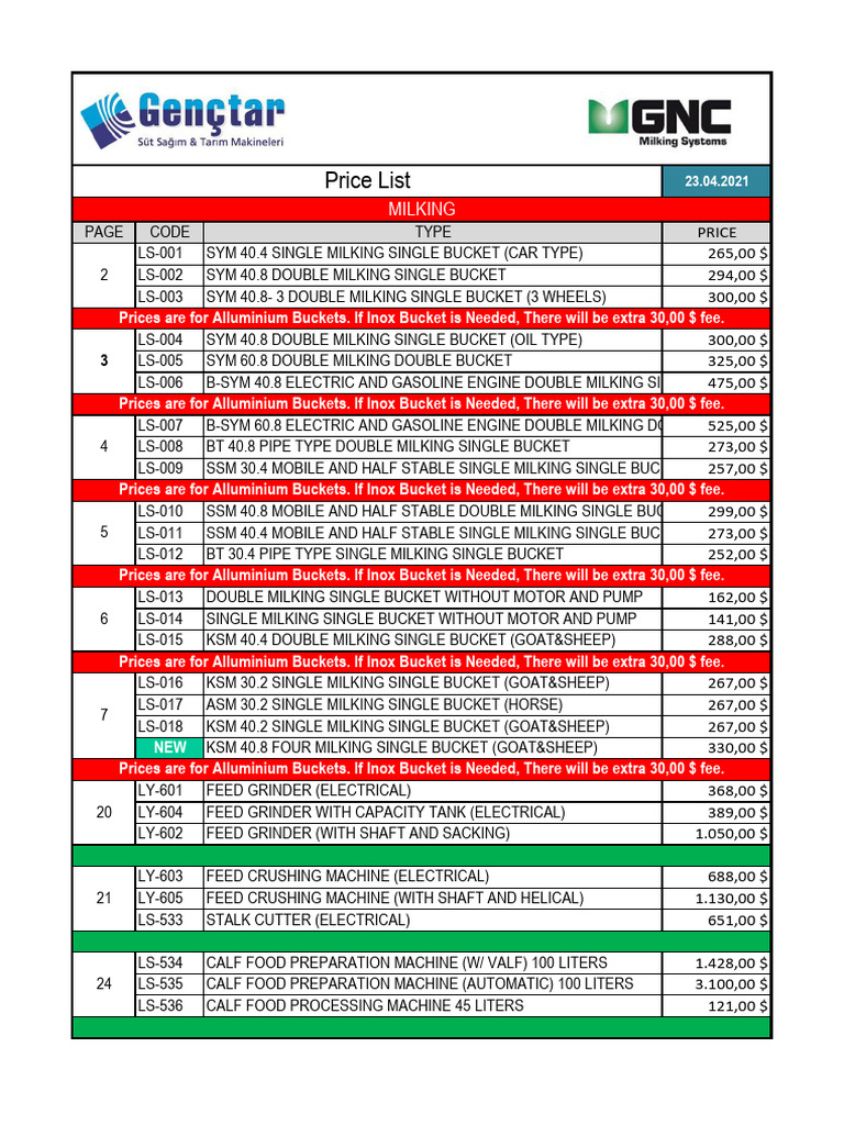 Milking Machine Parts Price List | PDF