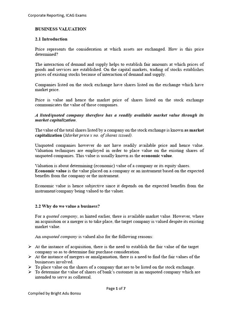 Business Valuation (Summarised) | PDF | Fair Value | Valuation (Finance)