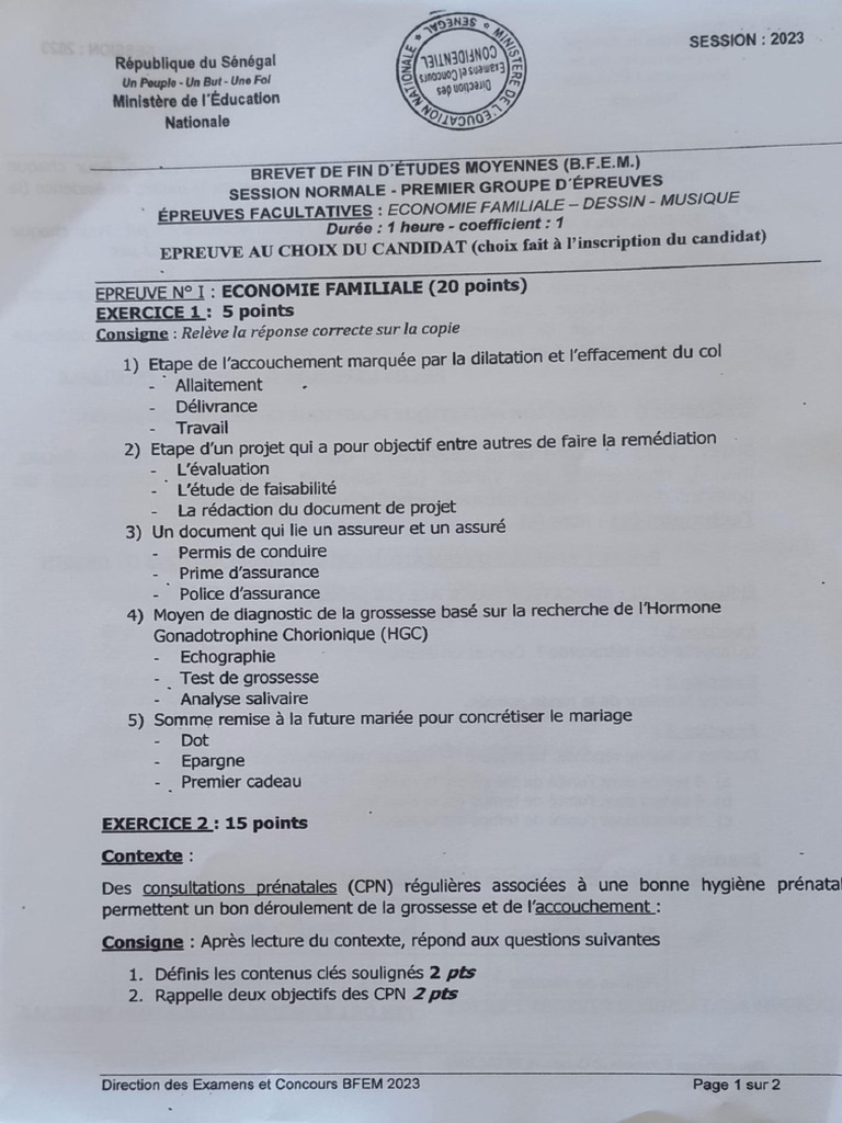 Epreuve Bfem 2023 Economie Familiale Session Normale 1er Groupe, Senegal | PDF