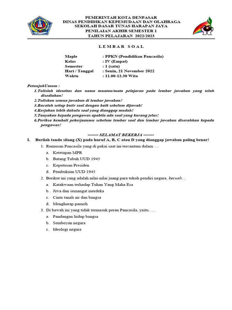 Latihan Soal PAS PPKN Kelas 4 Kurikulum Merdeka | PDF
