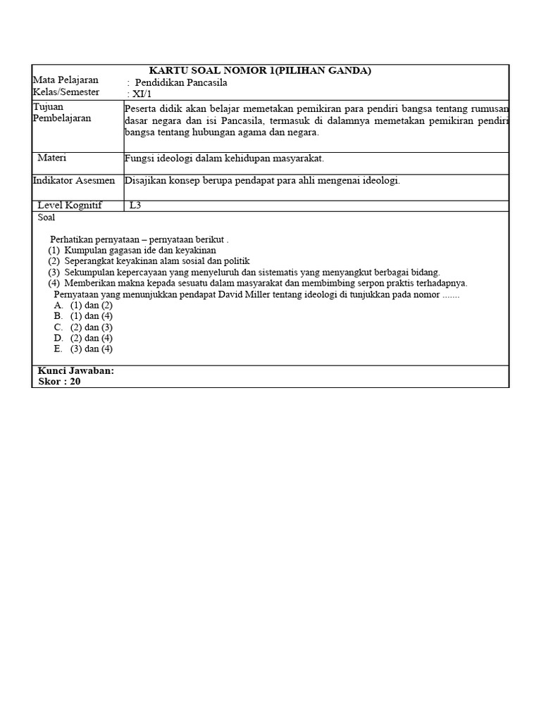 Kartu Soal PPKN Tahun 2023 | PDF