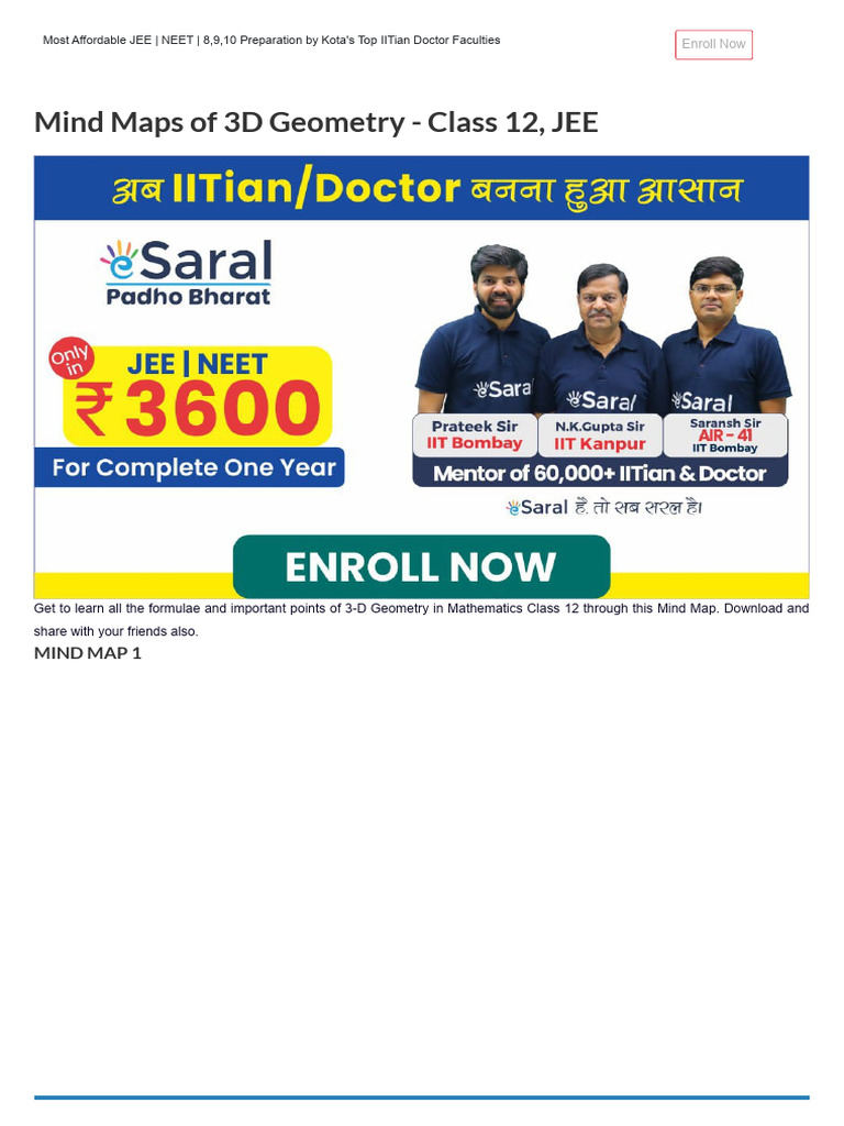 Mind Maps of 3D Geometry - Class 12, JEE | PDF | Standardized Tests ...