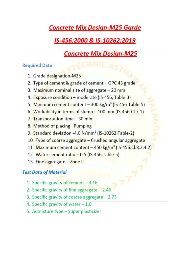 Concrete Mix Design-M25 Garde IS-456:2000 & IS-10262:2019 Concrete Mix Design-M25 | PDF ...