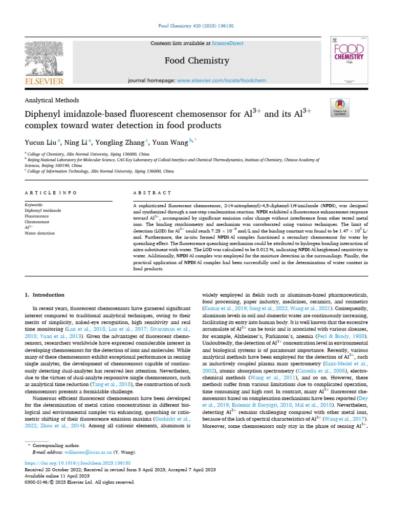 Diphenyl Imidazole Based Fluorescent Chemosensor For Al3 and I 2023 ...