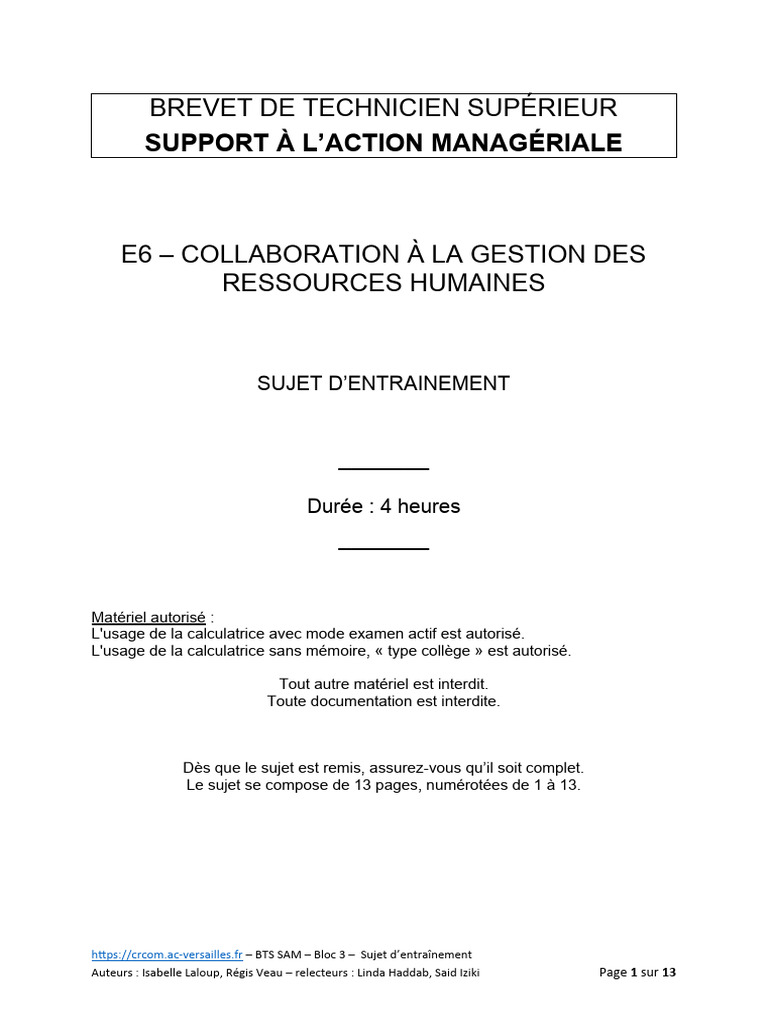 Sujet Bts Sam CGRH - Entrainement E6 - Alphatel | PDF