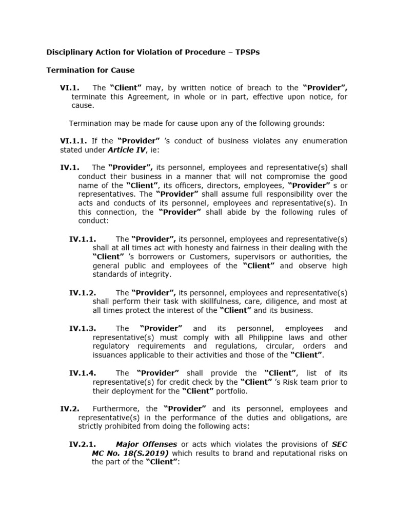 Disciplinary Action For Violation of Procedure - TPSPs | Download Free ...
