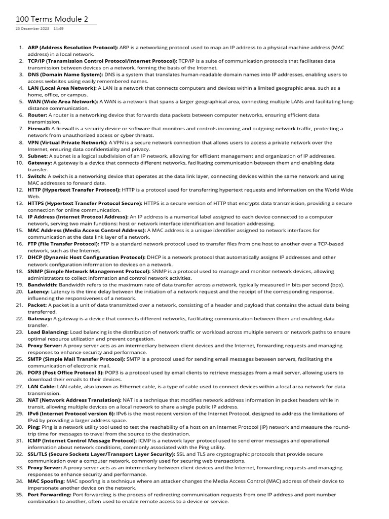Networking - 100 Terms | PDF | Computer Network | Internet