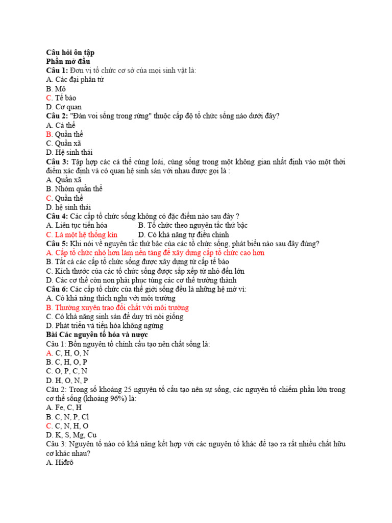 ÔN TẬP Ma Trận Và Đề Cương Sinh CK 1 Đáp Án | PDF