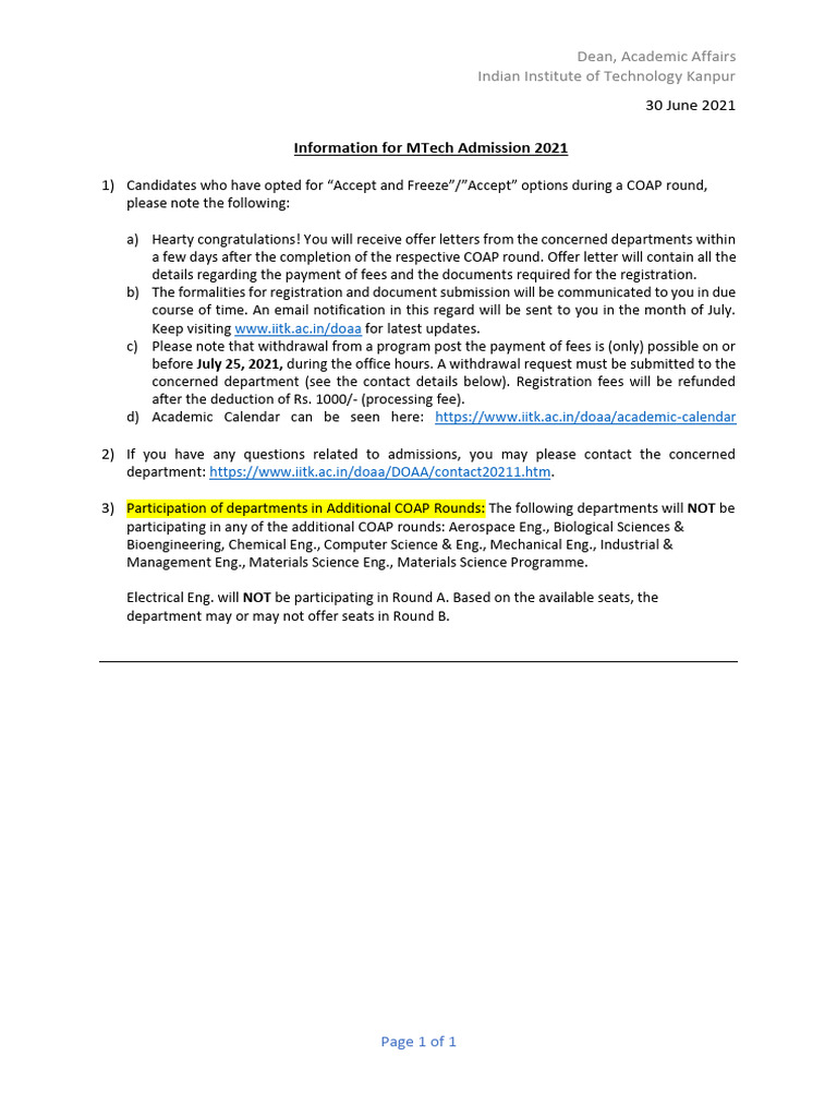 Notification MTech Admissions COAP 2021 22 I | PDF Notification MTech Admissions COAP 2021 22 I | PDF