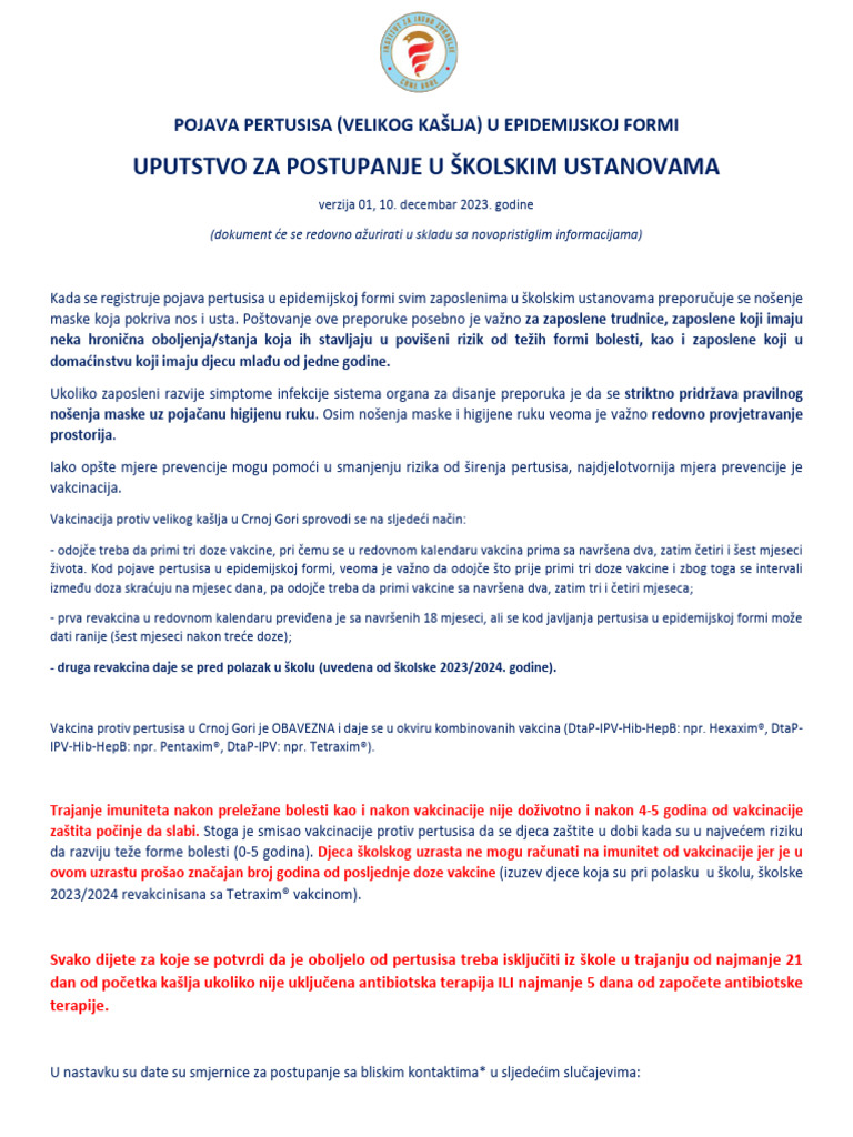 ŠKOLE - Pertusis - Uputstvo Za Postupanje U Školskim Ustanovama, v01 ...