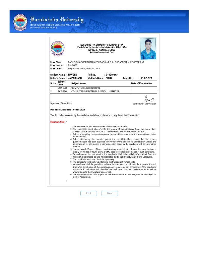 BCA Semester 3 Exam Instructions 2023 | PDF | Computing