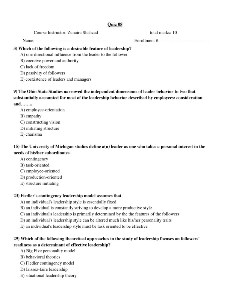 Leadership Theories and Styles Quiz | PDF | Leadership | Mentorship