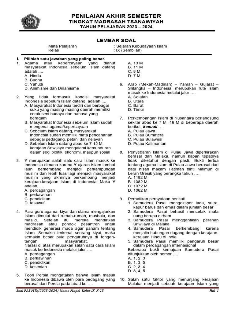 Soal Pas Ski Kelas 9 Tapel 2023-2024 | PDF