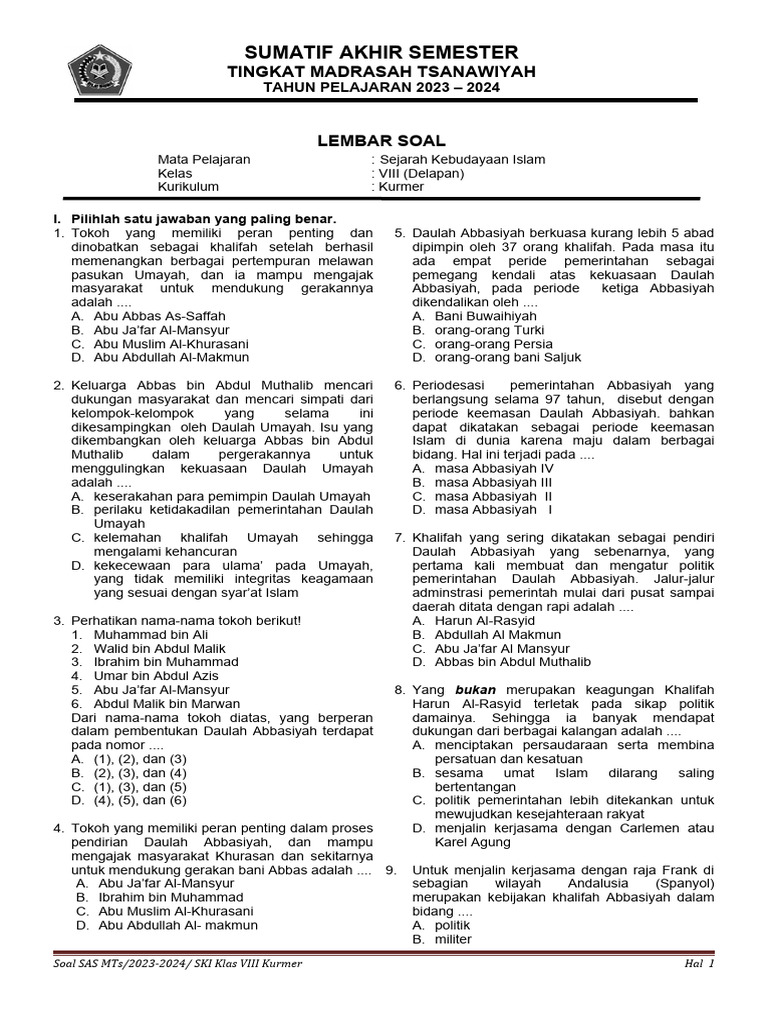 Soal Sas Ski Kelas 8 Kurmer Tapel 2023-2024 | PDF
