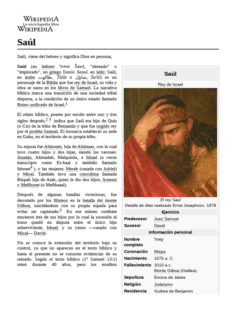 Biografía del Rey Saúl en la Biblia | PDF | Saulo | El antiguo Israel y ...