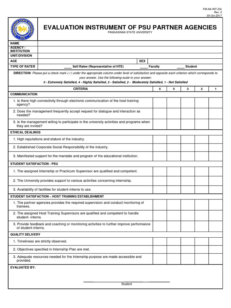 23c Evaluation Instrument of PSU Partner Agencies Student | PDF ...