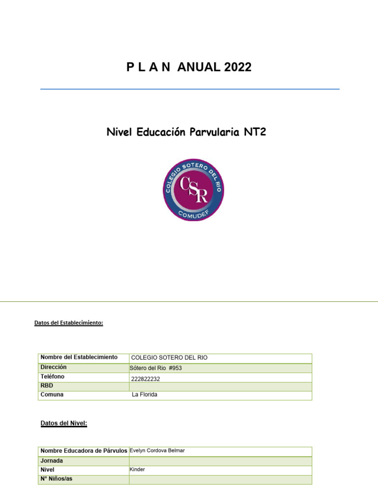 Plan Anual Kinder 2022 - Colegio Sotero del Río | PDF | Aprendizaje ...