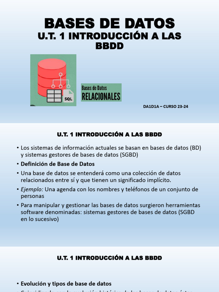U.T. 1 Introduccion A Las BBDD | PDF | Bases de datos | Programación de computadoras