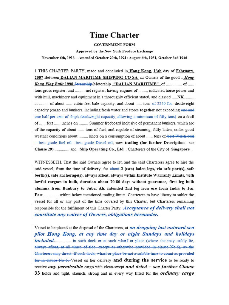 NYPE 1946 Time Charter Agreement | PDF | Insurance | Tonnage