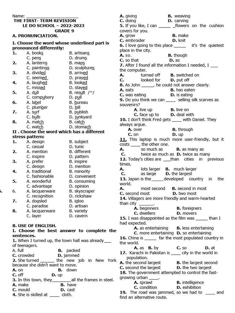 De Cuong On Tap HK1 Anh 9 - 22-23 - Lê Đ | PDF | Literacy