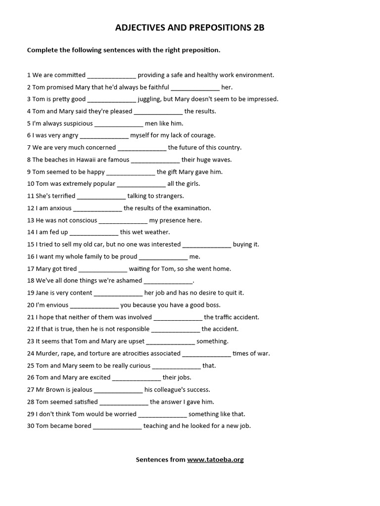 Adjectives with Prepositions Exercises | PDF