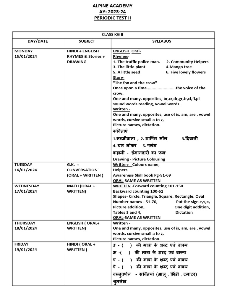 PT 2 Syllabus Class KG II 2023-24 | Download Free PDF | Phonetics ...